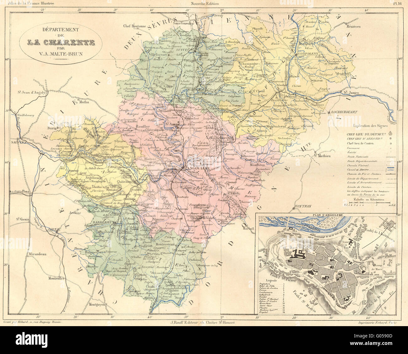 CHARENTE: Departement de; plan D' Angoulême, 1881 antique map Stock ...