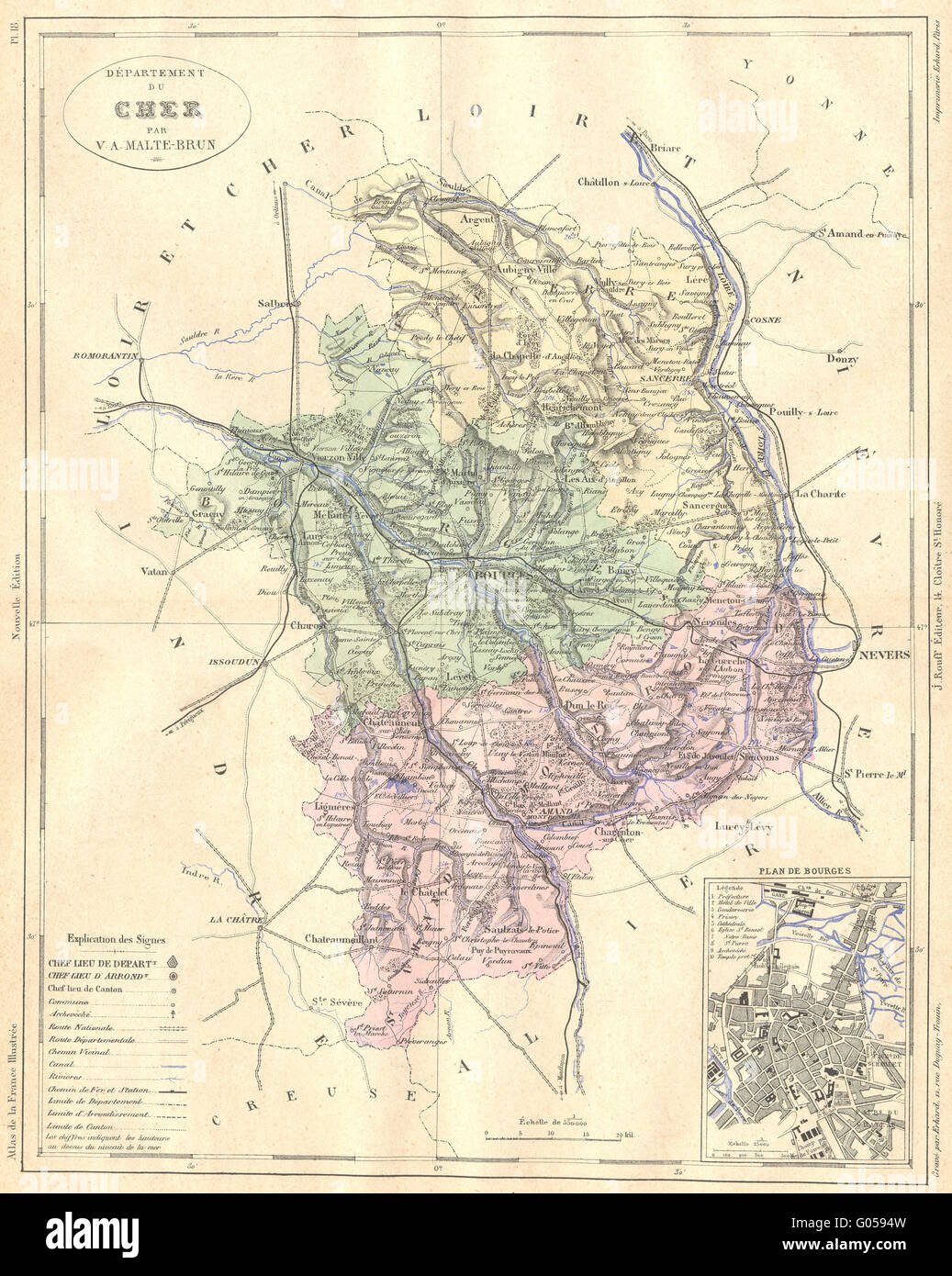 FRANCE: Departement du Cher; plan de Bourges, 1881 antique map Stock ...