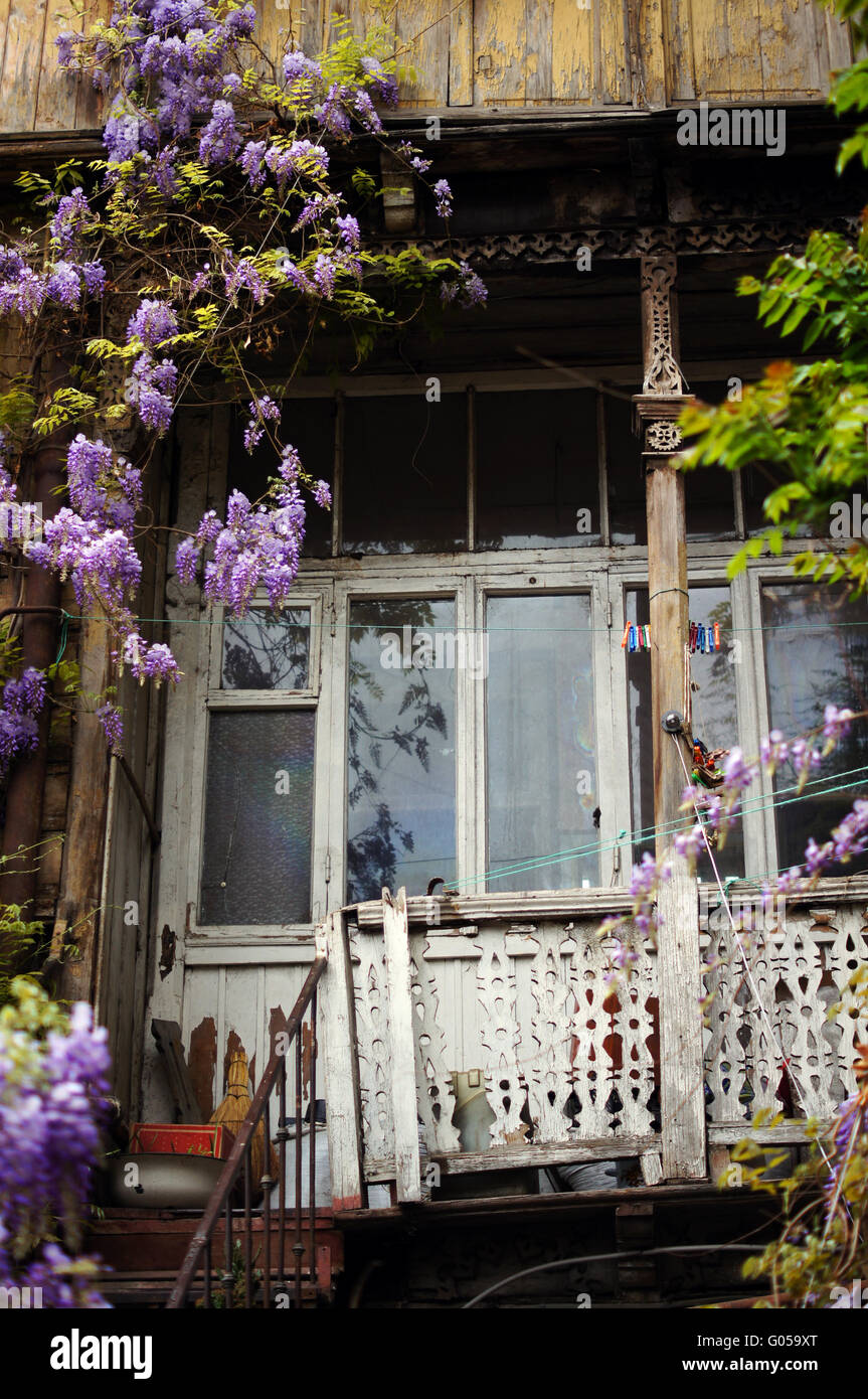 Traditional wooden carving balconies of Old Town of Tbilisi, Republic ...