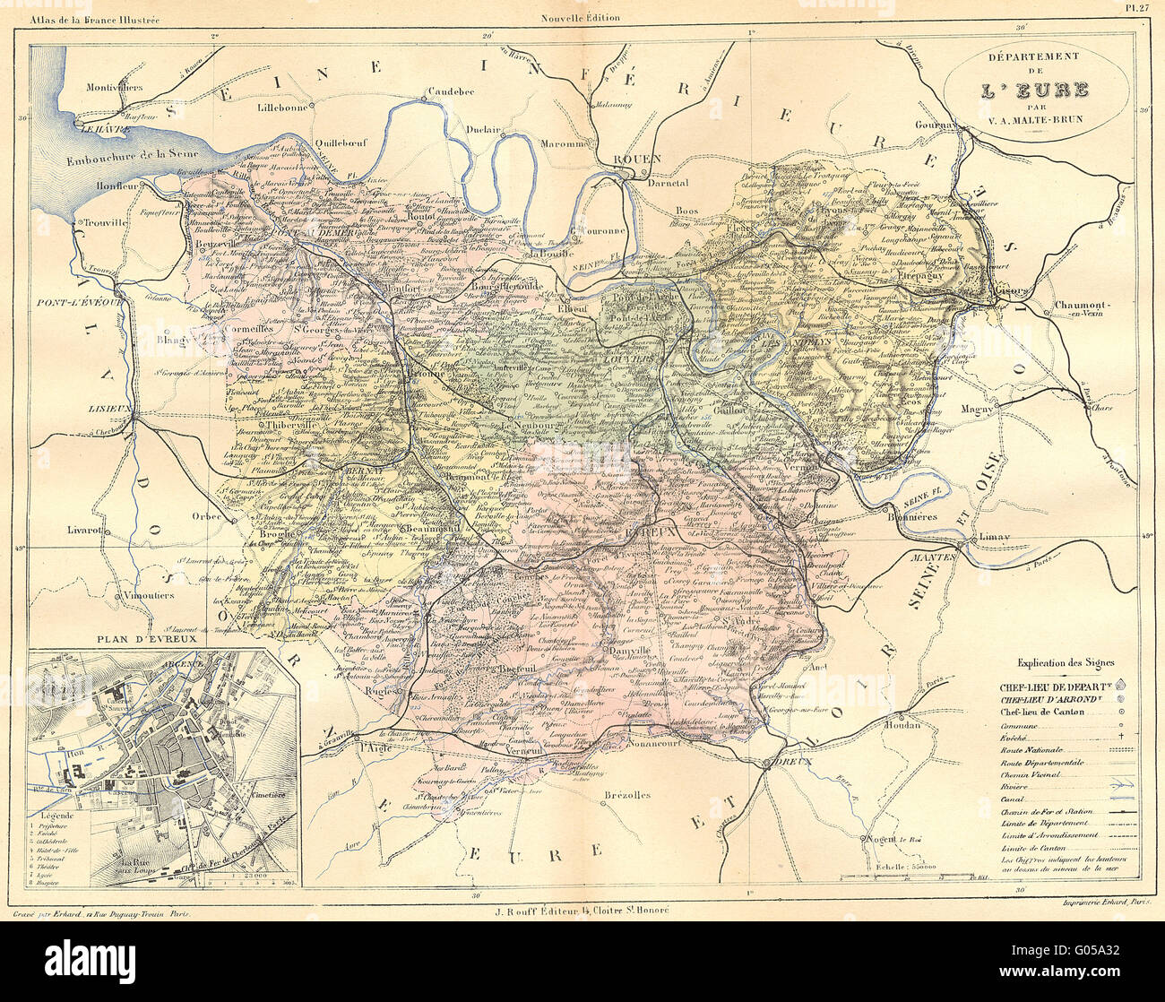 EURE: Departement de L'Eure; plan D' Evreux, 1881 antique map Stock ...