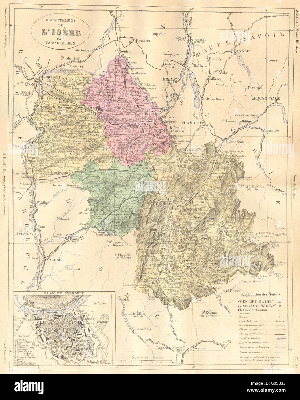ISÈRE: Departement de L'Isere; plan Grenoble, 1881 antique map Stock ...