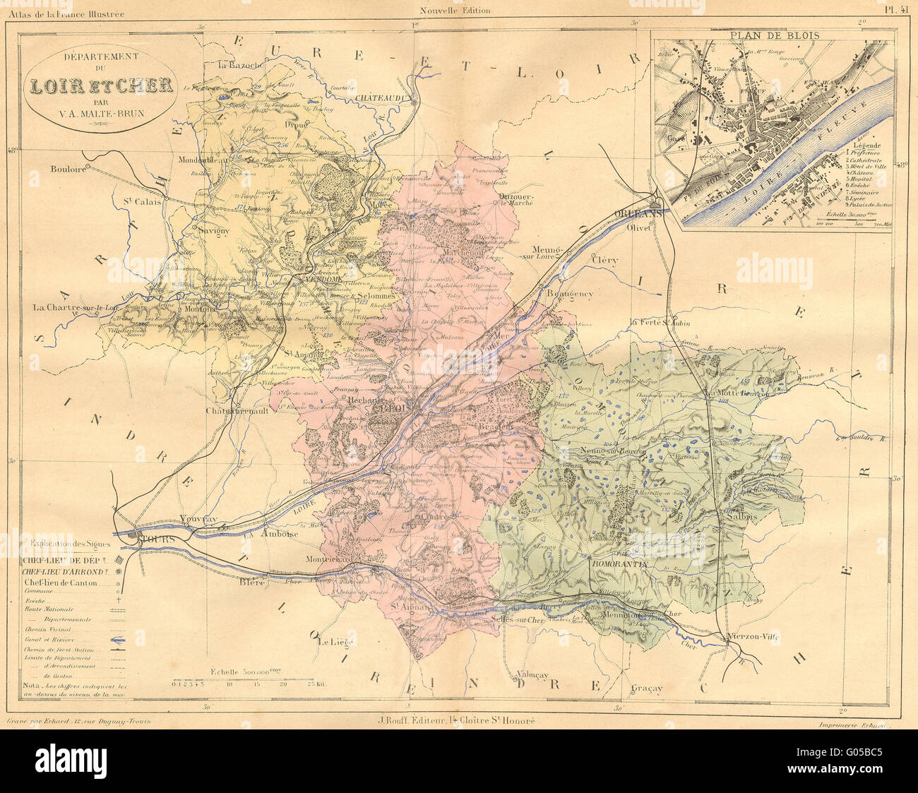 LOIR-CHER: Departement du; plan de Blois, 1881 antique map Stock Photo ...
