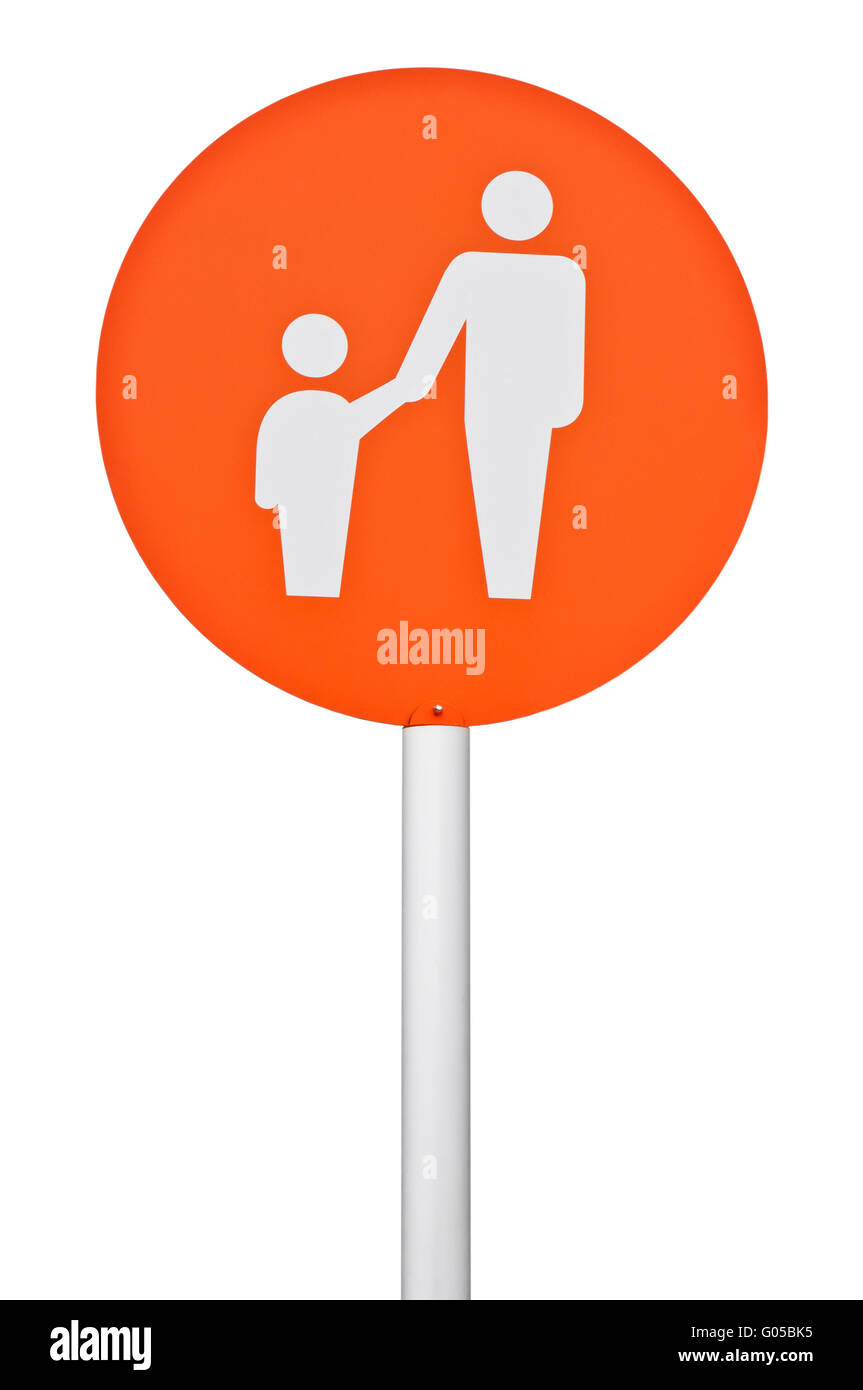 orange parent and child parking sign on post pole (isolated on white ...