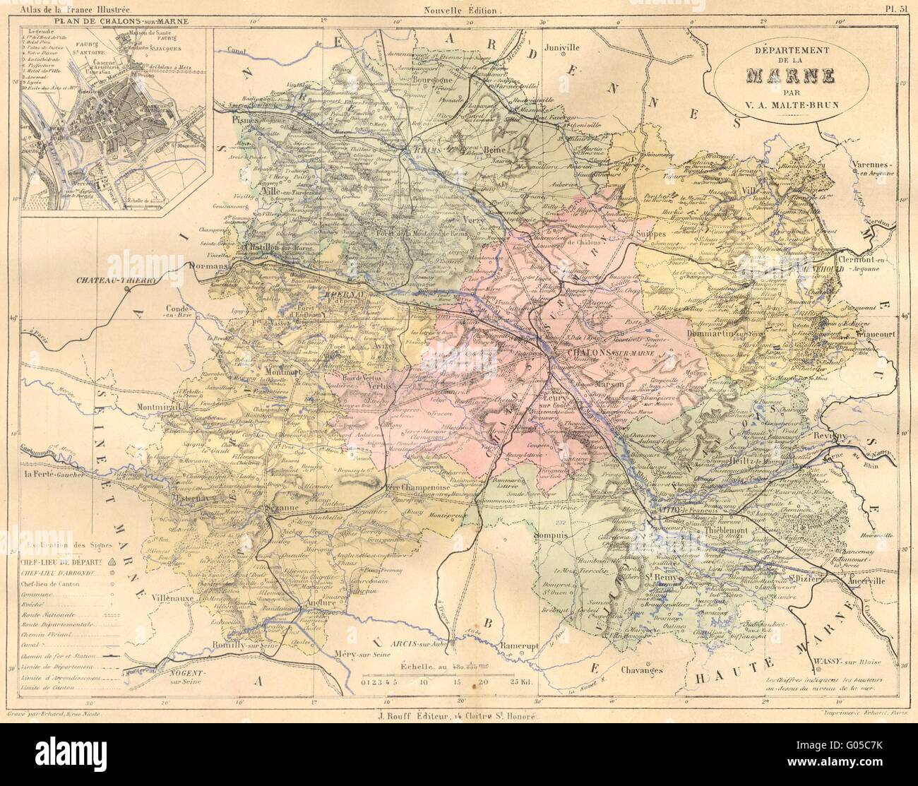 MARNE: Departement de; plan Chalons, 1882 antique map Stock Photo - Alamy