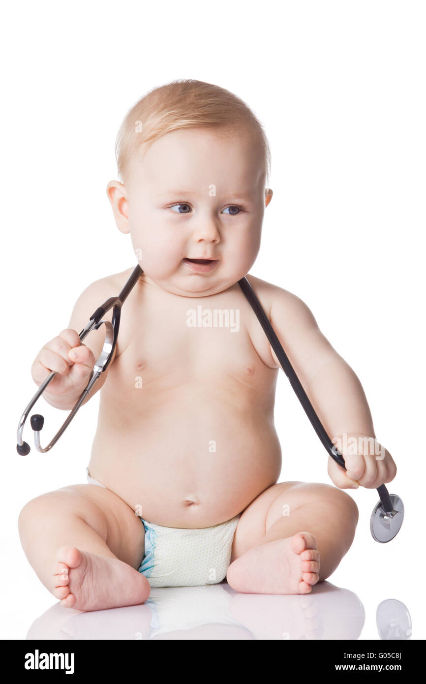 Sweet baby with stethoscope on a white background Stock Photo - Alamy