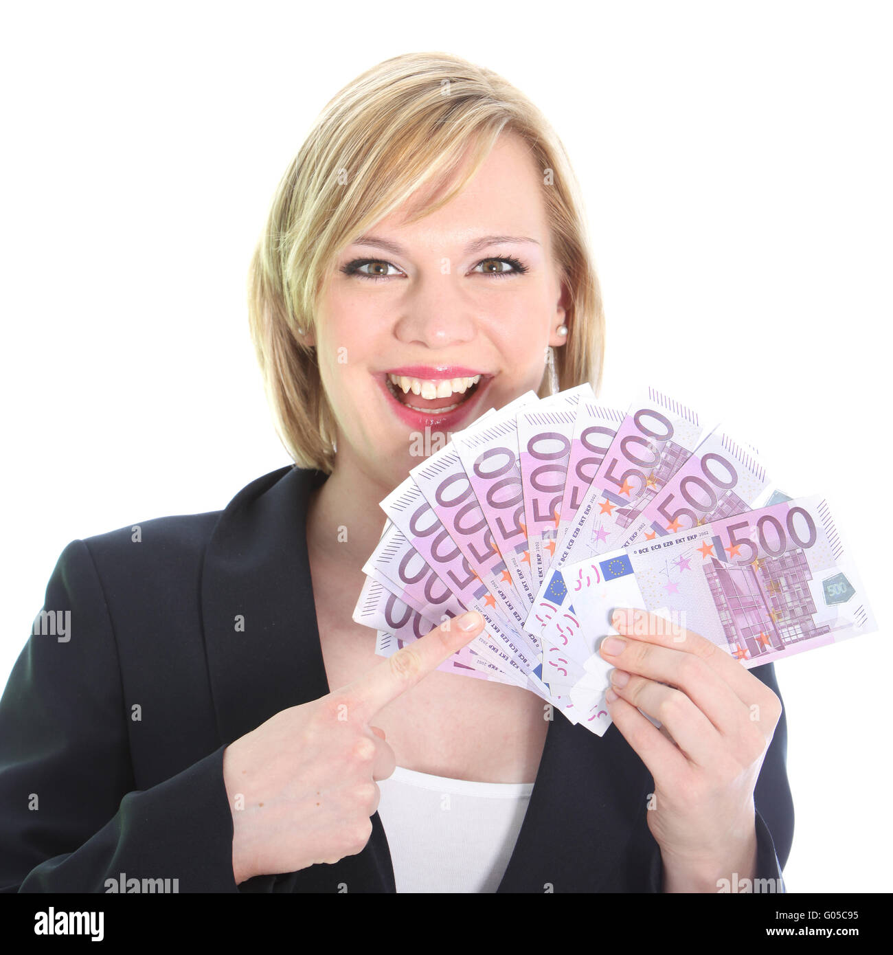 Gleeful woman pointing to bunch of 500 euro notes Stock Photo - Alamy