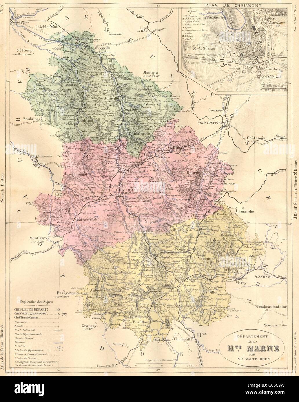 HAUTE-MARNE: Departement de Hte; plan Chaumont, 1882 antique map Stock ...