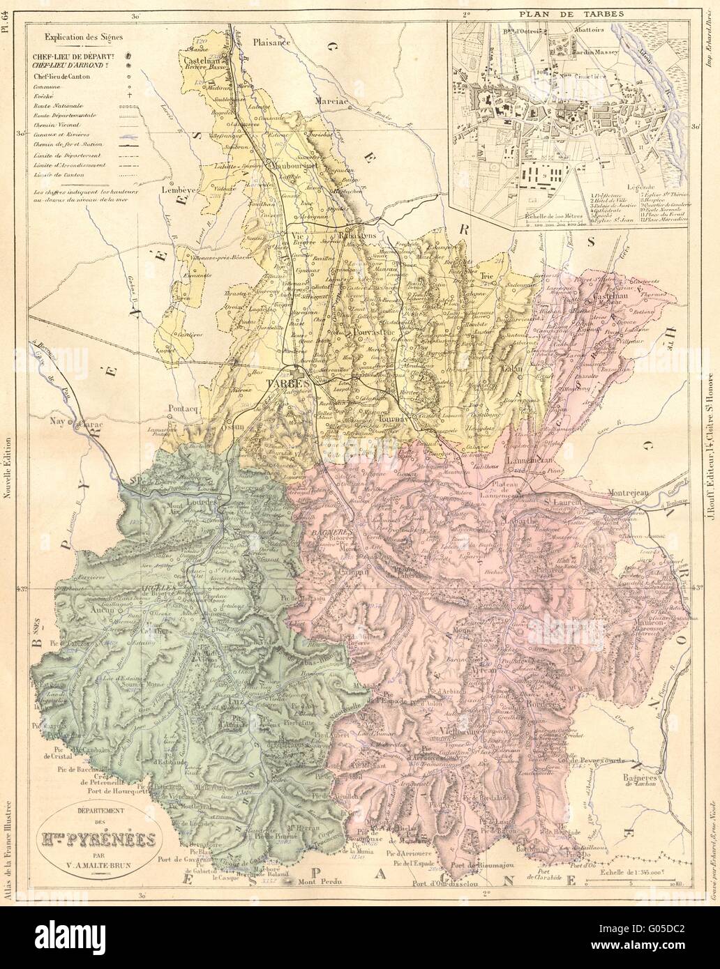 TARBES: Departement Htes Pyrenees; plan de, 1882 antique map Stock ...