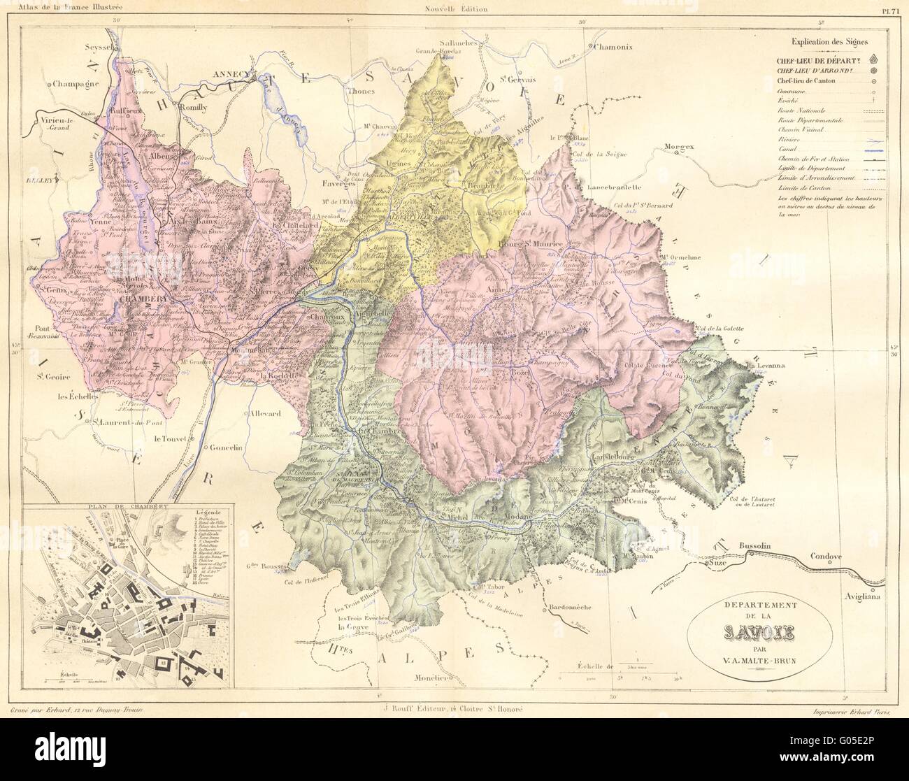 SAVOIE: Departement de; plan Chambéry, 1883 antique map Stock Photo - Alamy