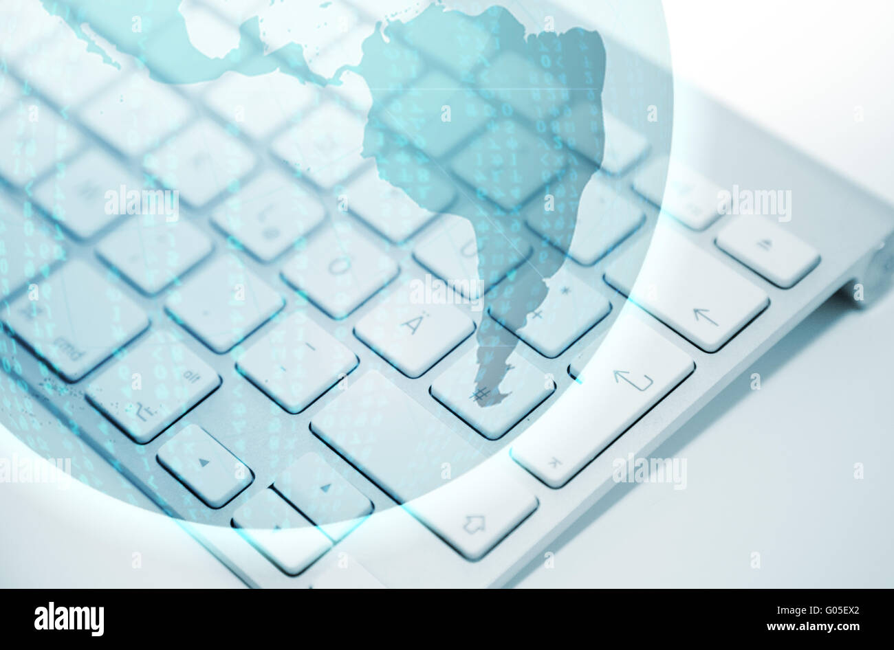 White computer keyboard with blue globe and lights Stock Photo - Alamy
