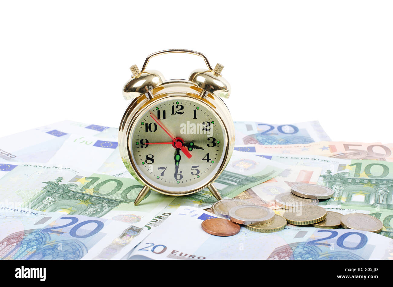 Alarm clock for euro banknotes isolated on white background Stock Photo ...