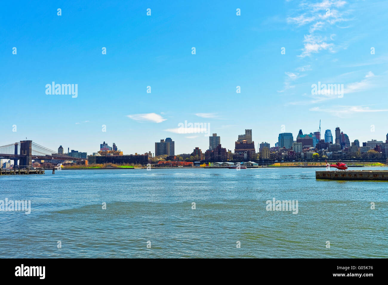 East River and Brooklyn waterfront, New York City, USA. Helicopter and ...