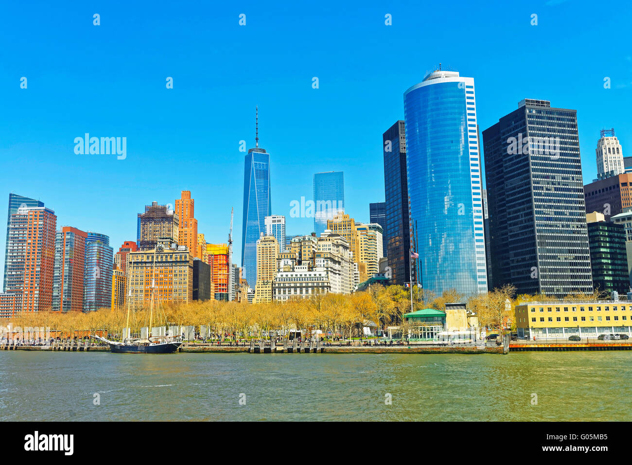 View from Ferry on Battery Park City in New York Harbor, Manhattan, USA ...
