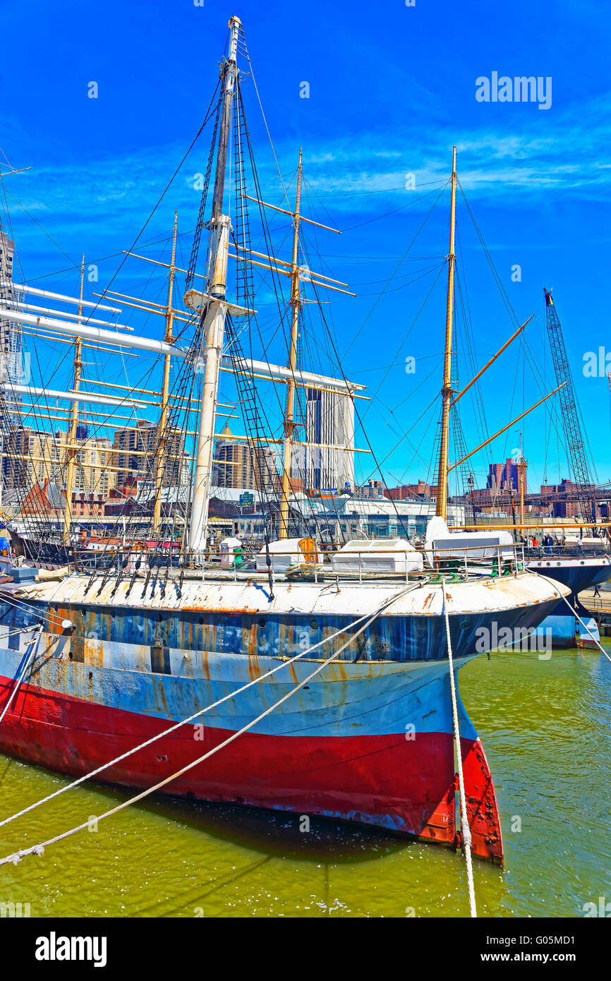 Ship in the harbor of South Street Seaport on East River. Lower ...