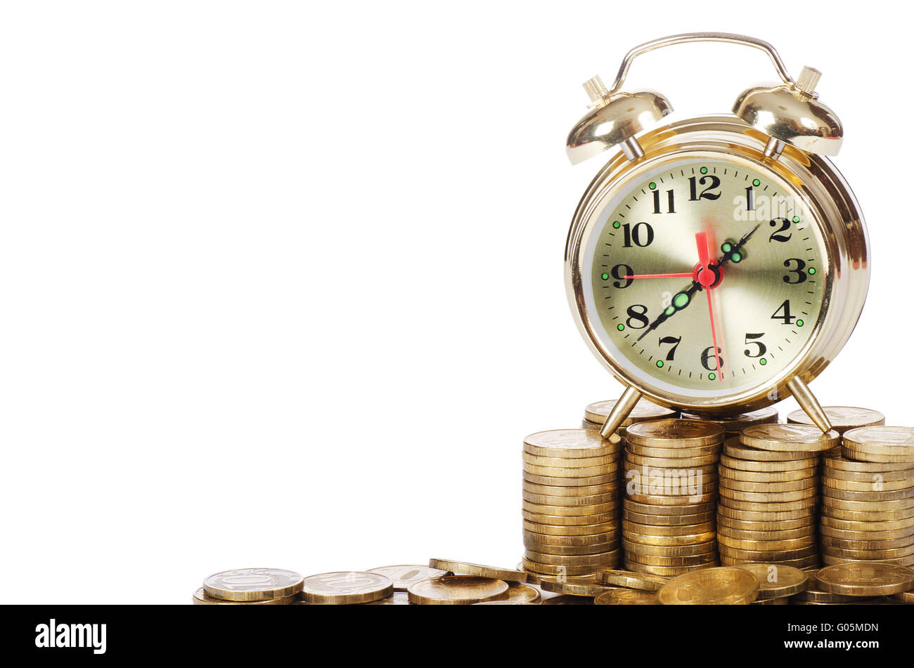 Alarm clock and money isolated on white background Stock Photo - Alamy