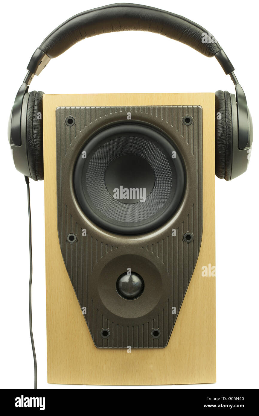 Audio headphone and speaker on a white background Stock Photo - Alamy