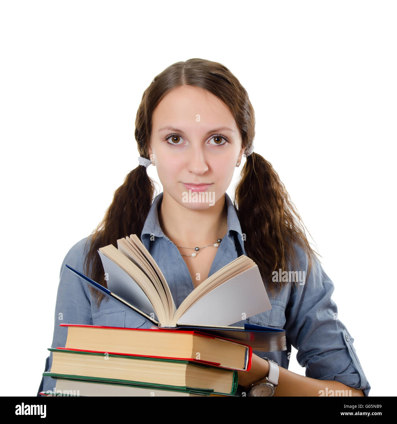 The beautiful girl with books isolated on white Stock Photo - Alamy