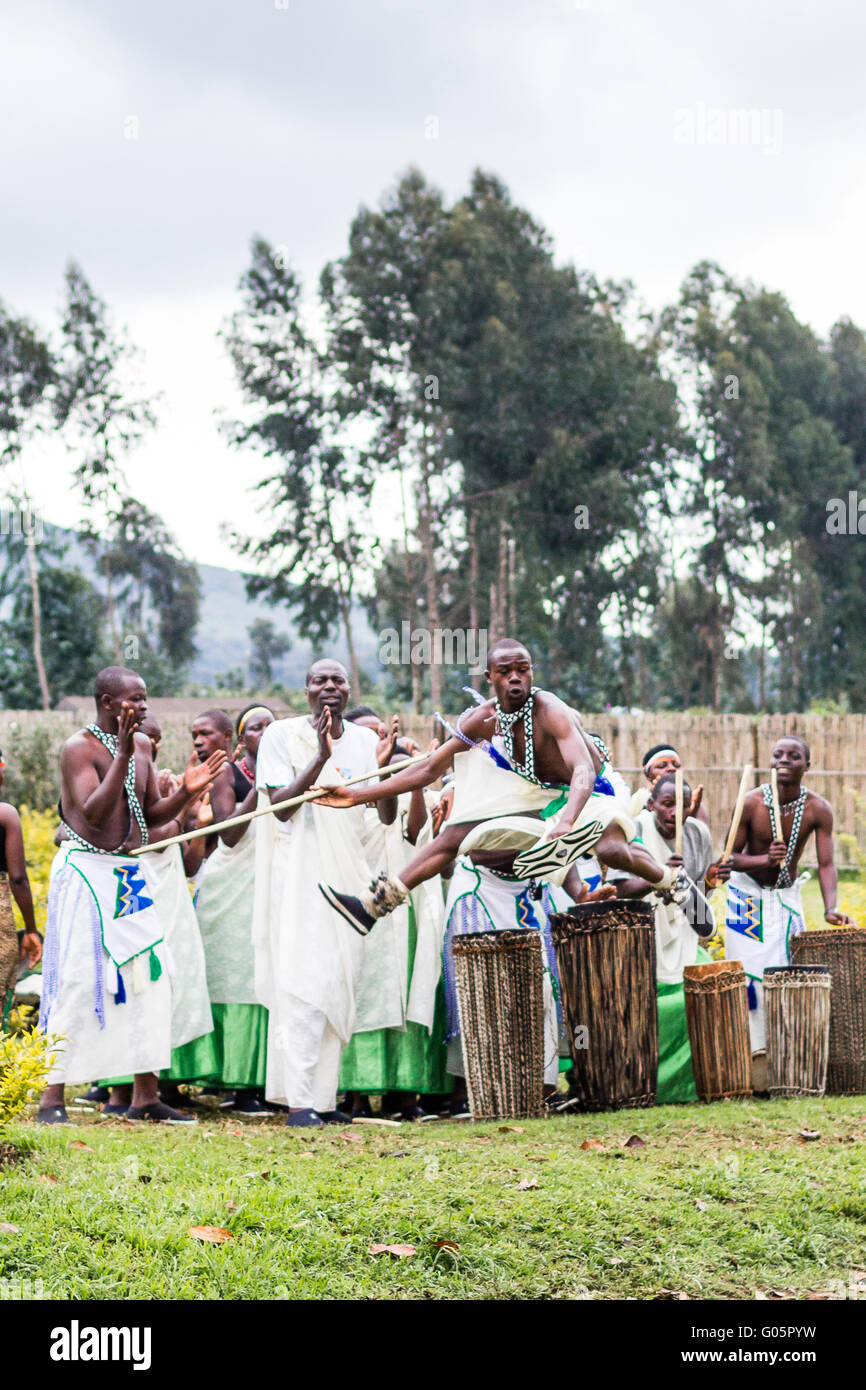 Volcanoes National Park, Rwanda. Intore dancers perform for tourists ...