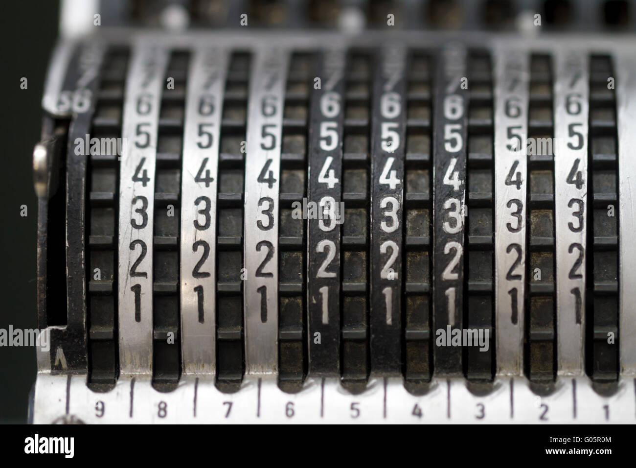 Close up detailed view of historical old calculator with small iron ...