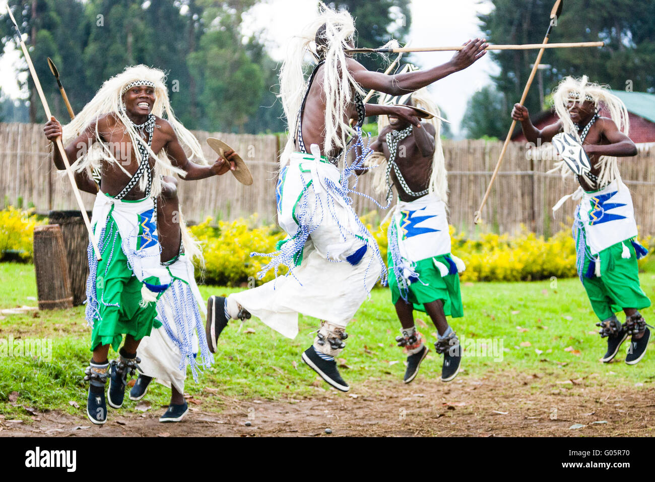 Volcanoes National Park, Rwanda. Intore dancers perform for tourists ...