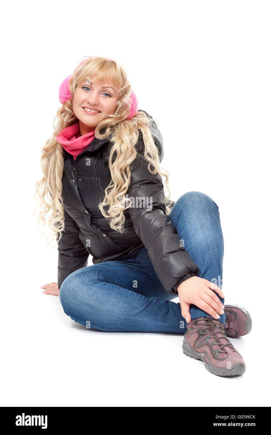 beautiful woman in warm clothing on white background smiling Stock ...