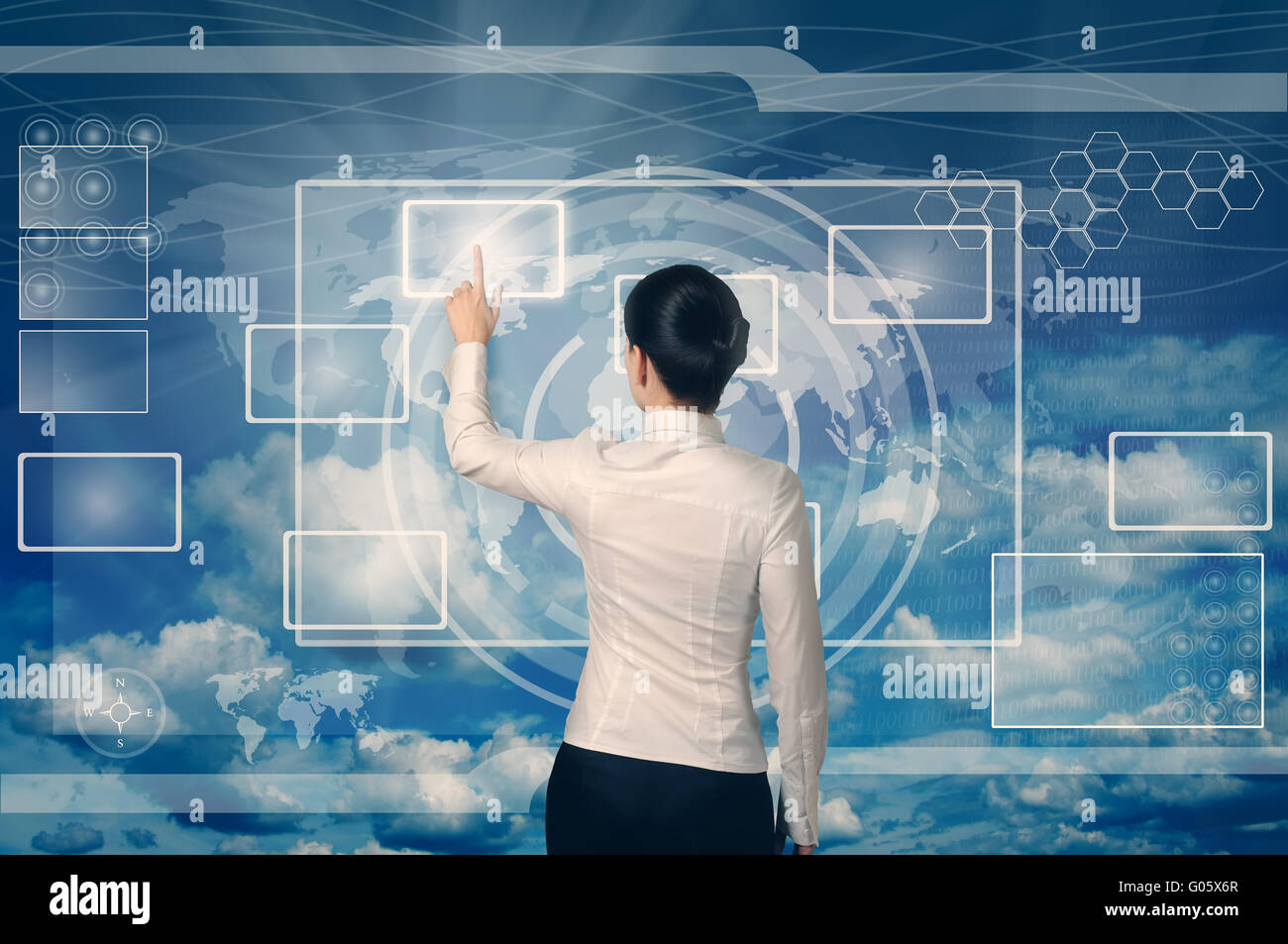 businesswoman pushing virtual button in web interface Stock Photo - Alamy