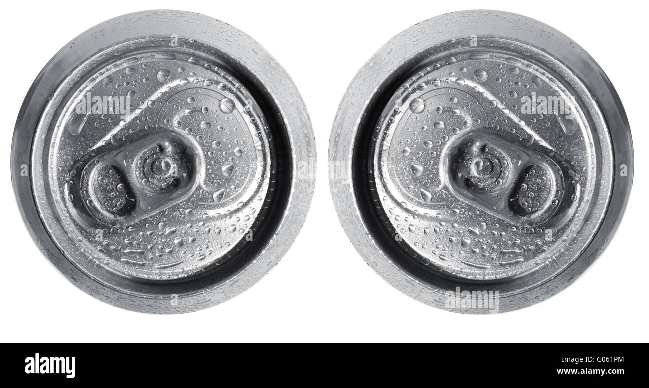 Close-up of metallic beer or soda can on white background. Metal can ...