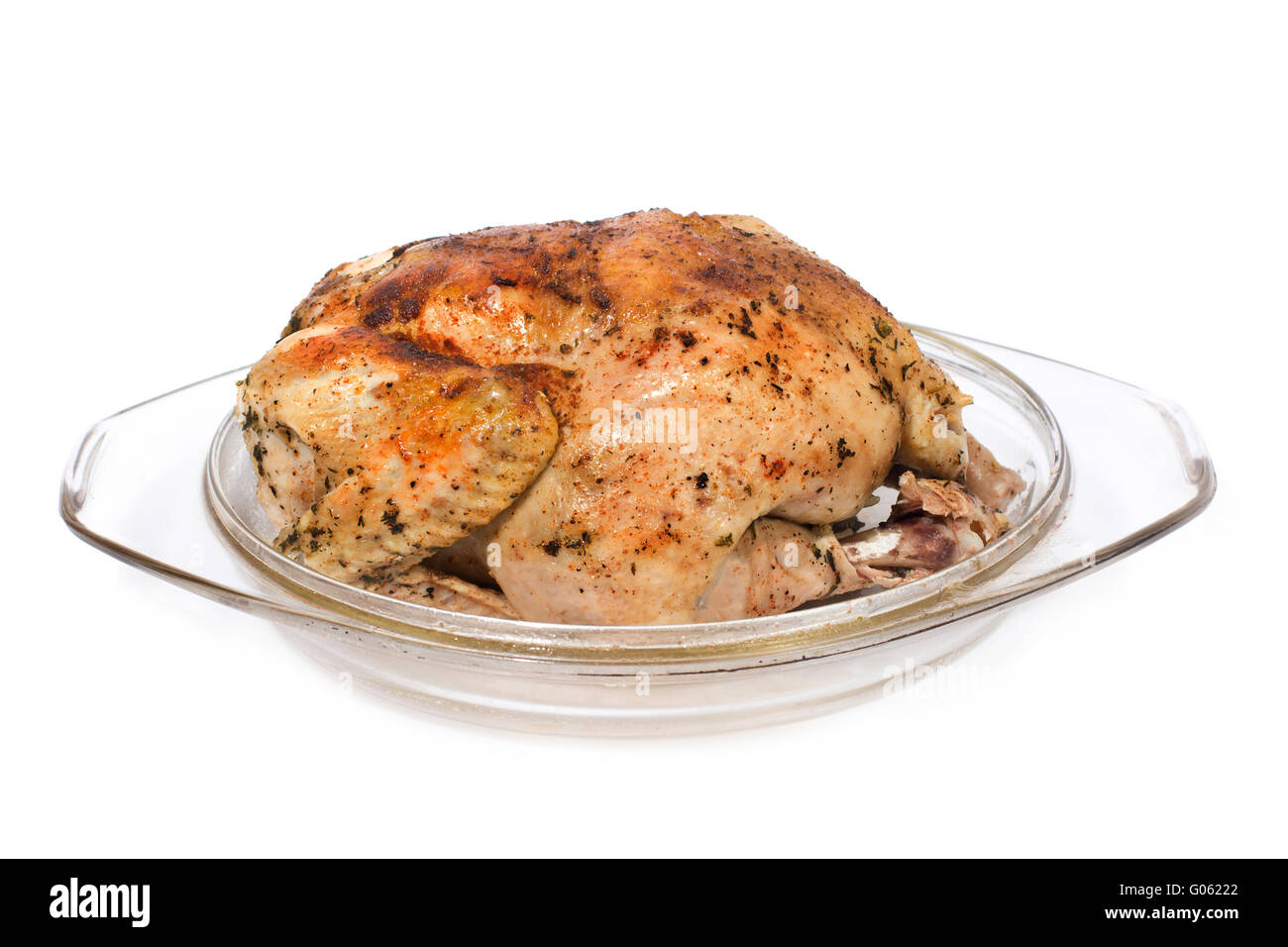 Roast chicken in glass plate isolated on white Stock Photo - Alamy
