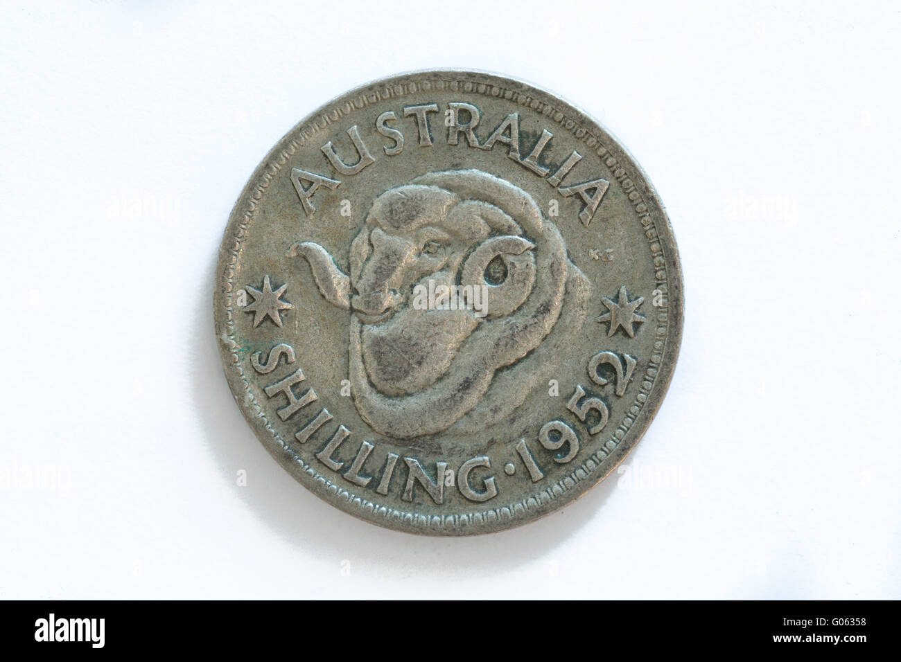 A close up photograph of an Australian shilling from 1952, isolated on ...