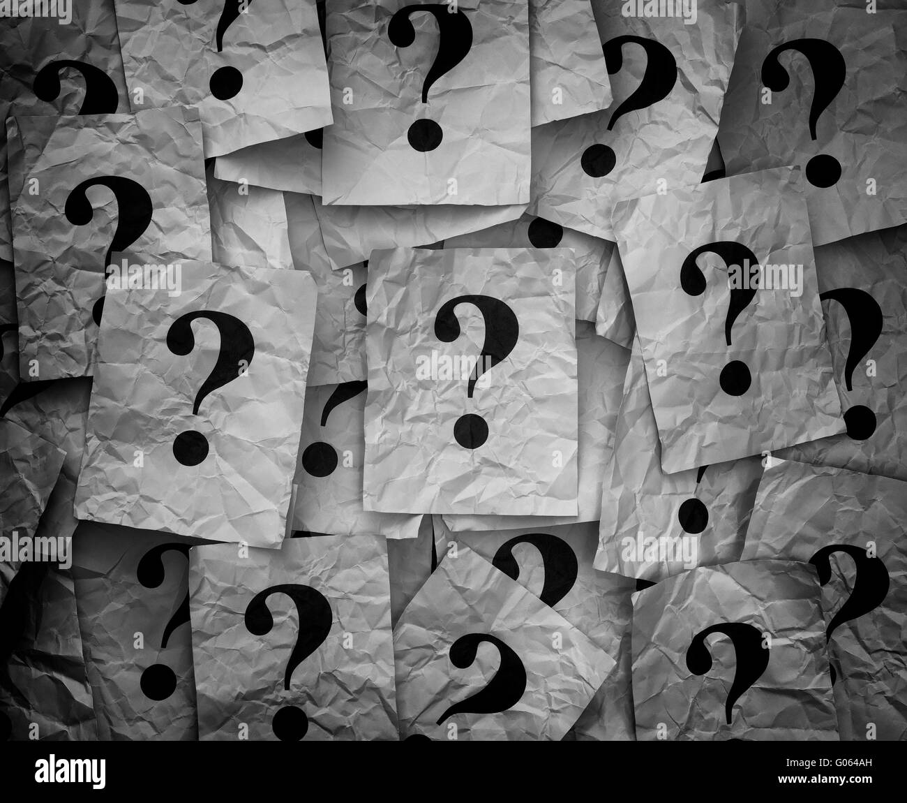Too Many Questions. Pile of paper notes with questions. Black and white ...