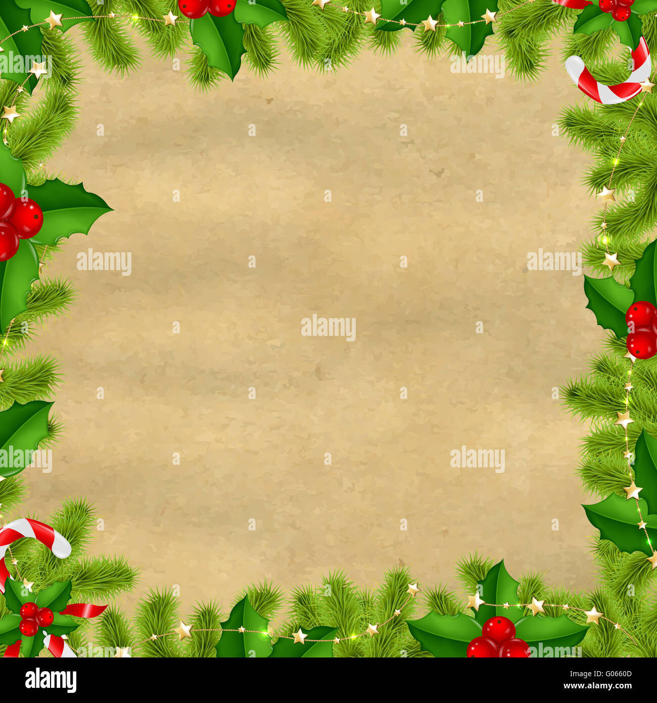 Border Fir-tree Branches With Gold Stars And Old Papper Stock Photo - Alamy