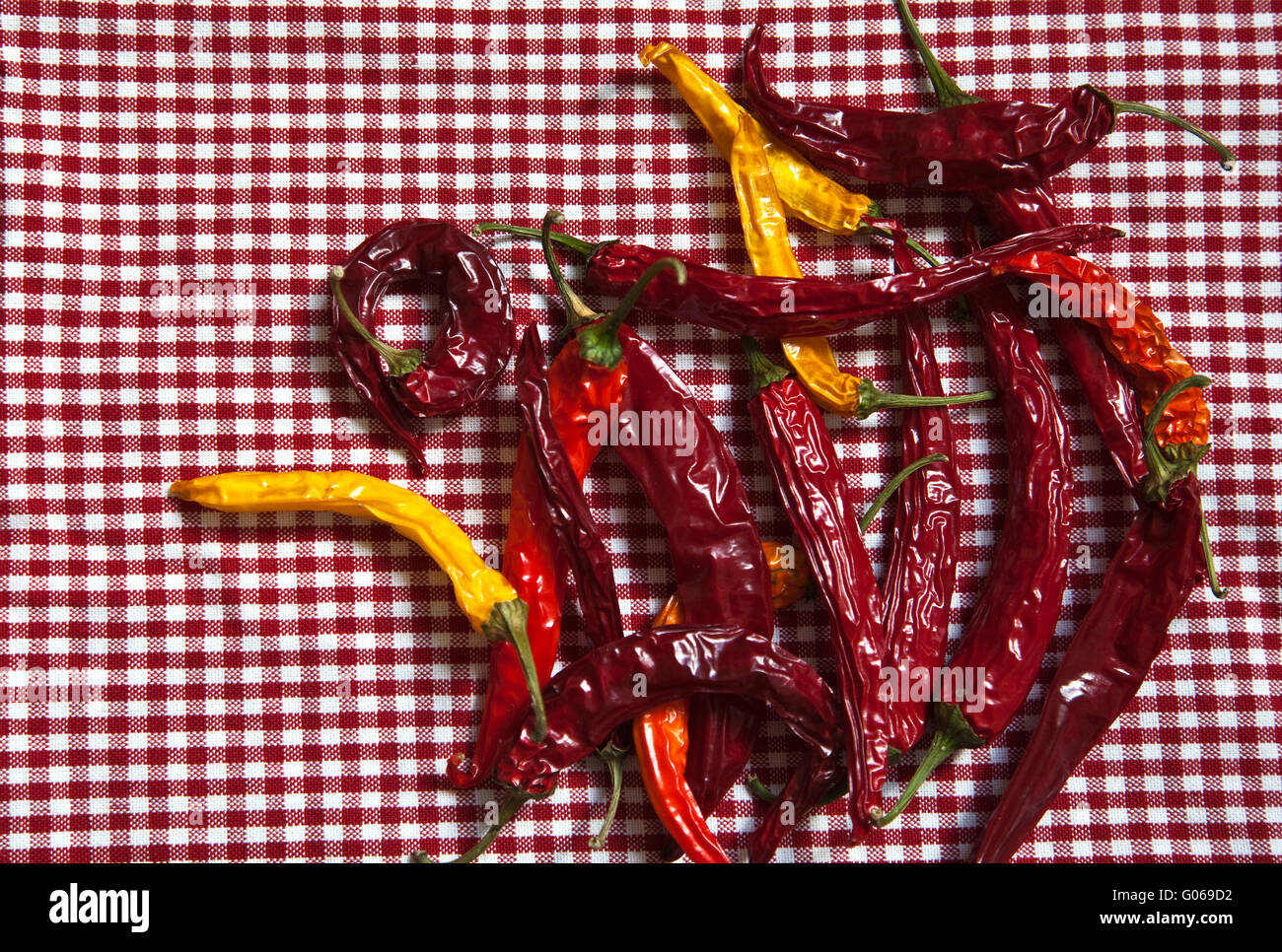 Dried Chili Peppers on red and white checkered cloth Stock Photo - Alamy