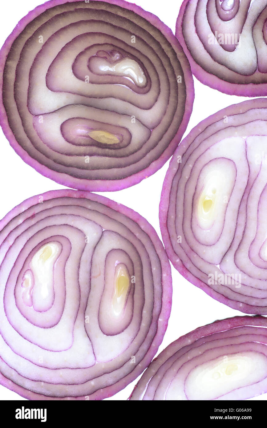 Back lit sliced Red Onions against a white background Stock Photo - Alamy
