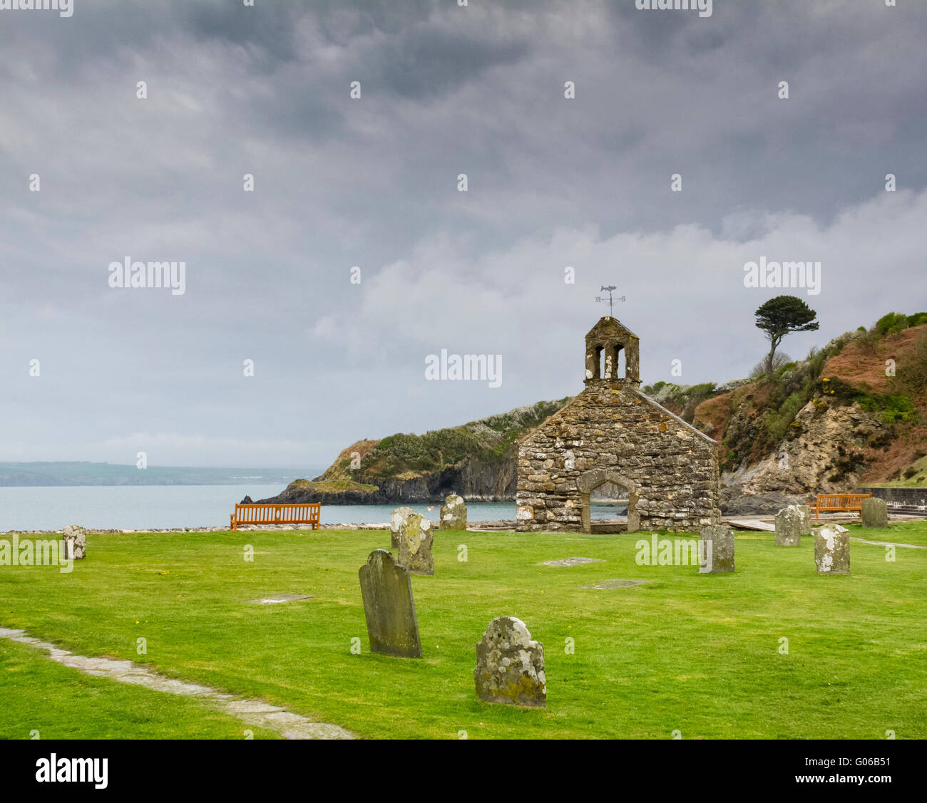 The ruins of St Brynach's Church at Cwm-yr-Eglwys, Dinas Island ...