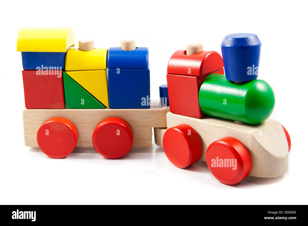 Colorful wooden toy train isolated on white backgr Stock Photo - Alamy