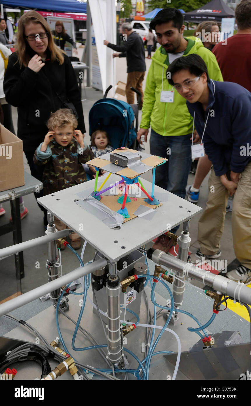 Vancouver. 30th Apr, 2016. Resident look at an earthquake simulator ...
