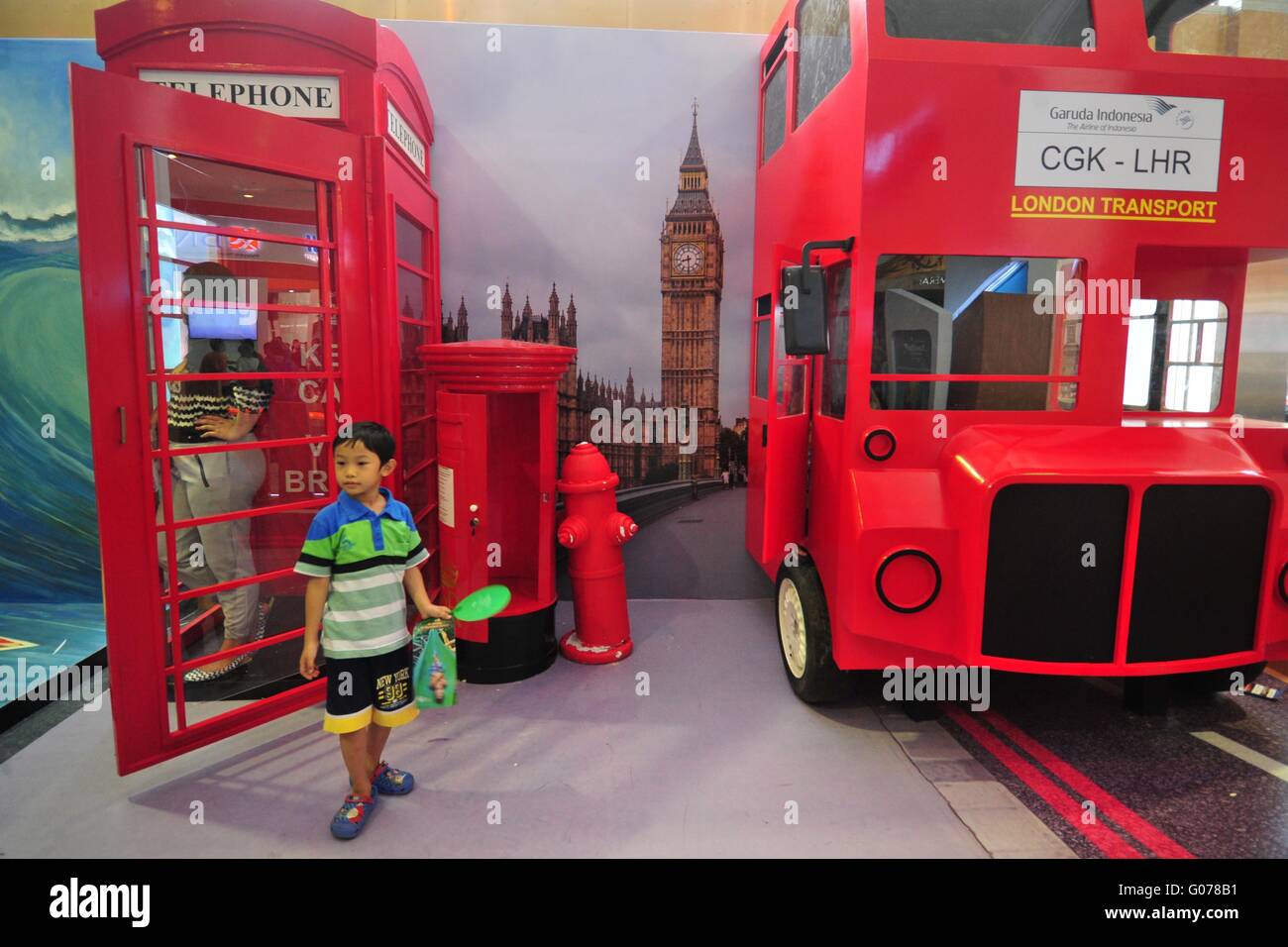 Jakarta, Indonesia. 30th Apr, 2016. An Indonesian boy plays at a booth ...