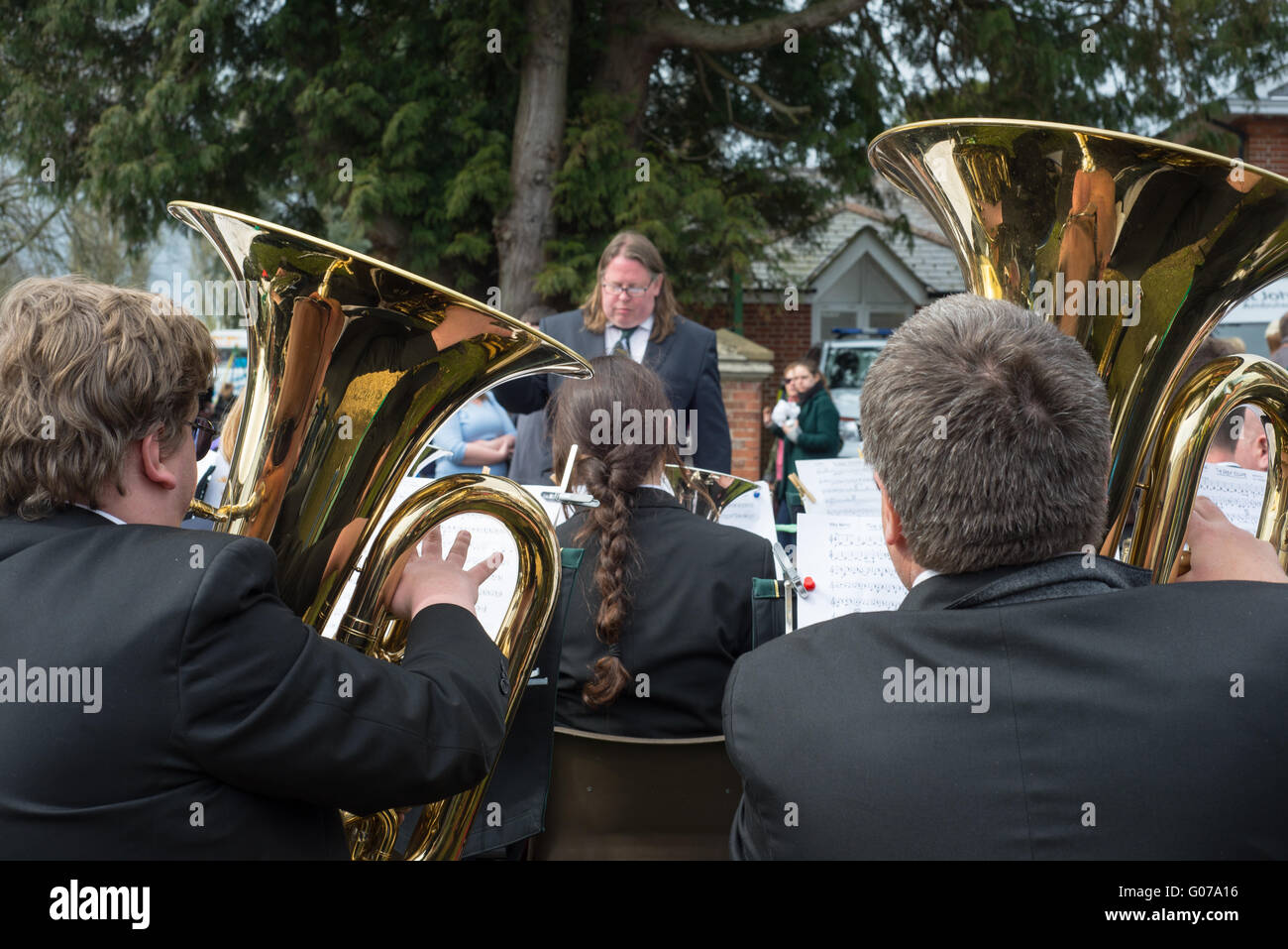 Wiltshire, UK. 30th April, 2016. Tuba players in a brass band with ...