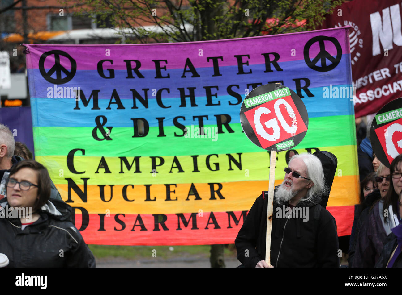 Manchester, UK. 30th April, 2016. Greater Manchester CND banner carried ...