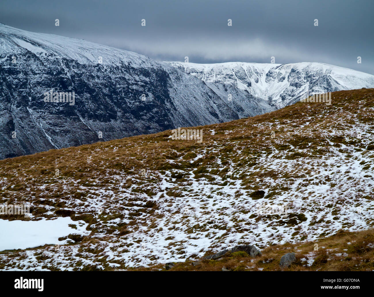 Winter scene on the snow capped summit of Helvellyn in the Lake ...