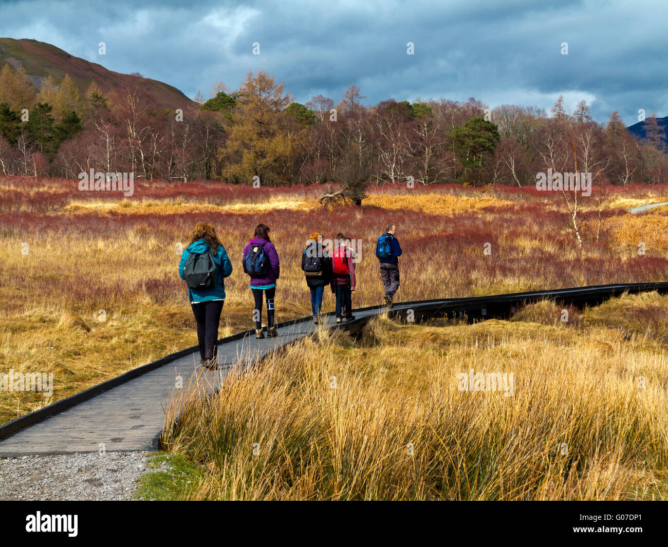 Winter walkers at Manesty Park next to Derwentwater near Keswick in the ...