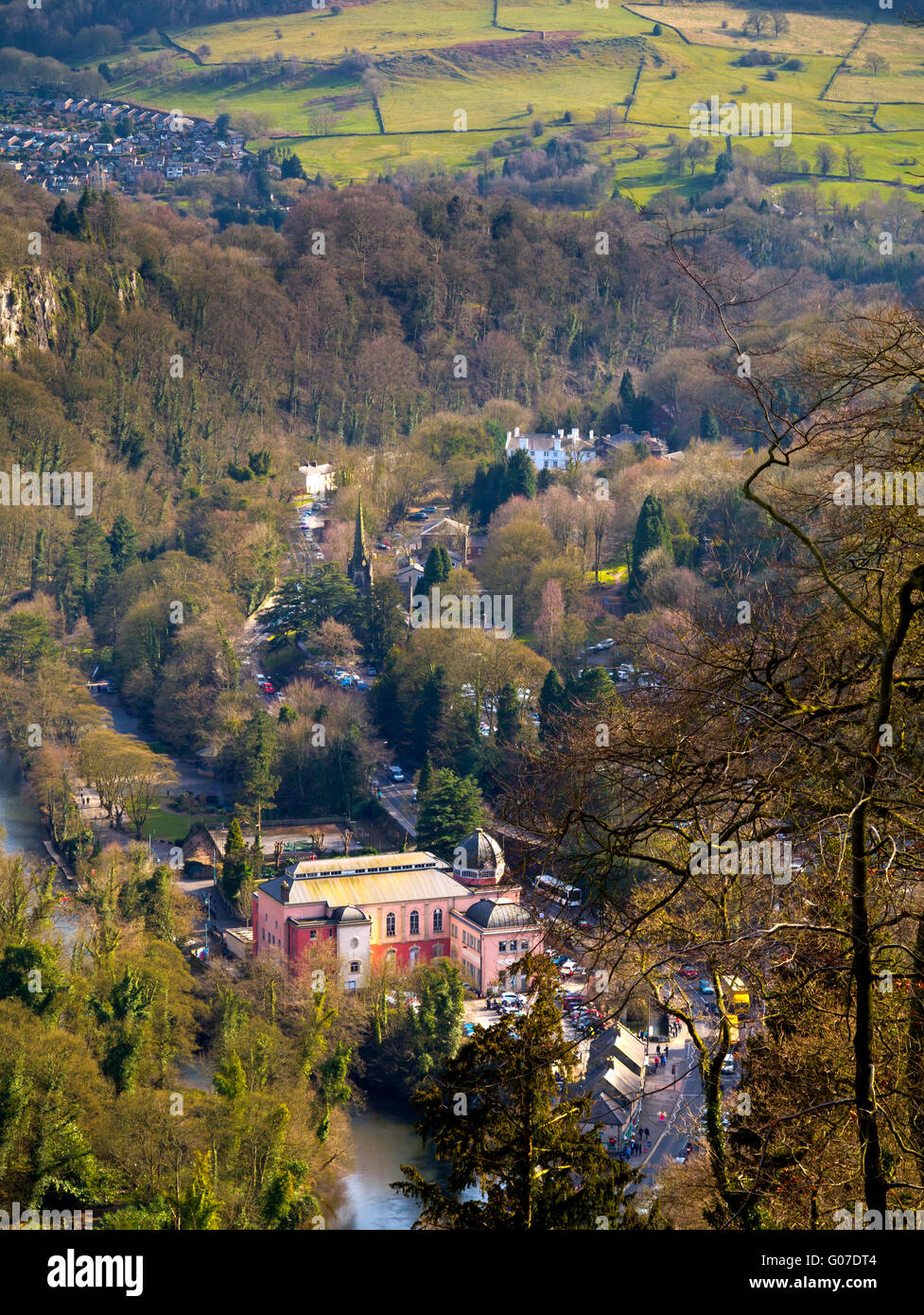View looking down on the River Derwent gorge and Matlock Bath a village ...
