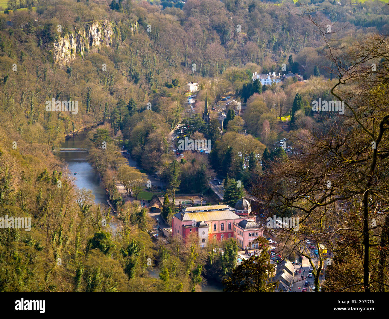 View looking down on the River Derwent gorge and Matlock Bath a village ...
