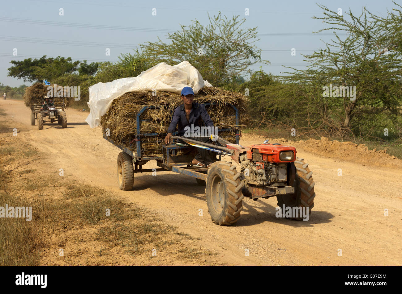 tractor carrying loose rice straw on rural road Stock Photo - Alamy