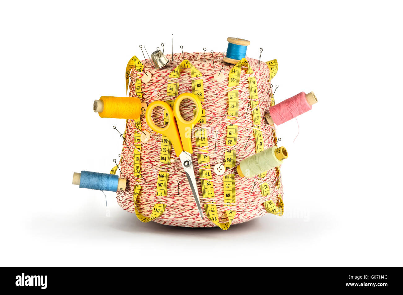 Large spool of thread, scissors, needle and thimbl Stock Photo - Alamy