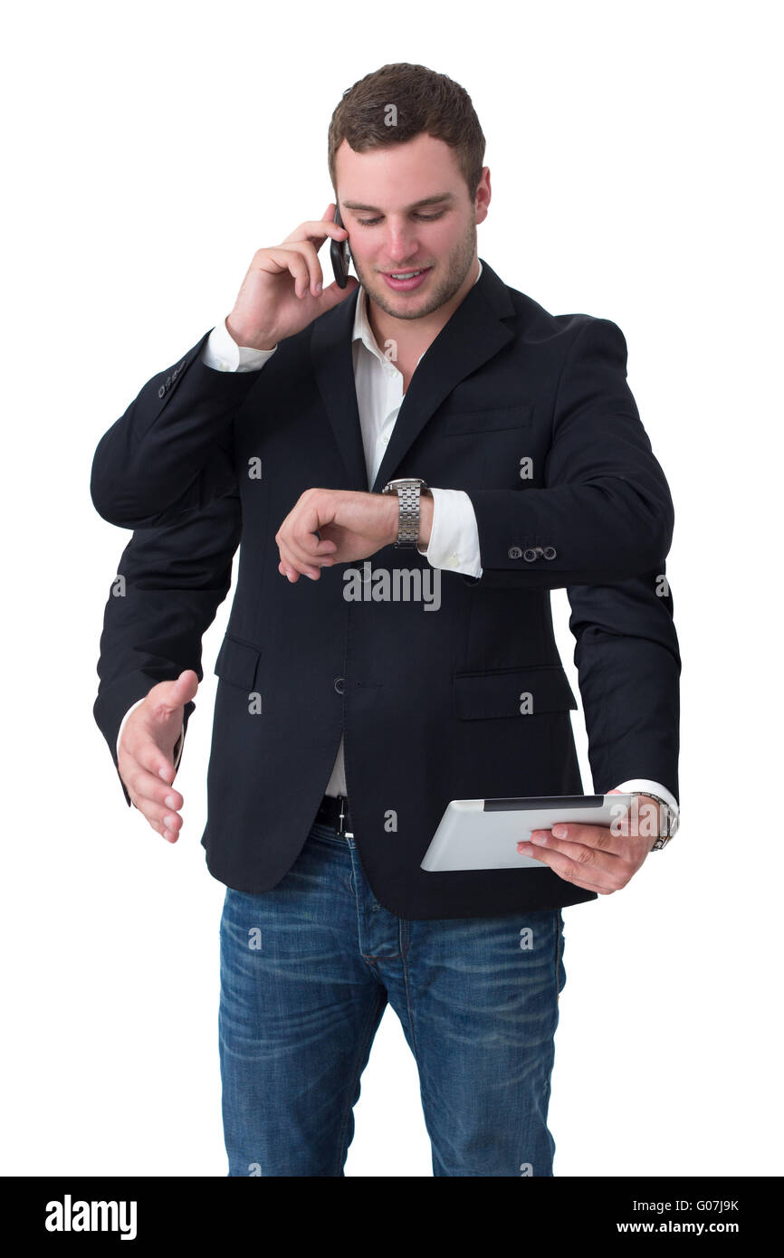 Man mobile phone pc tablet multitask hi-res stock photography and images - Alamy