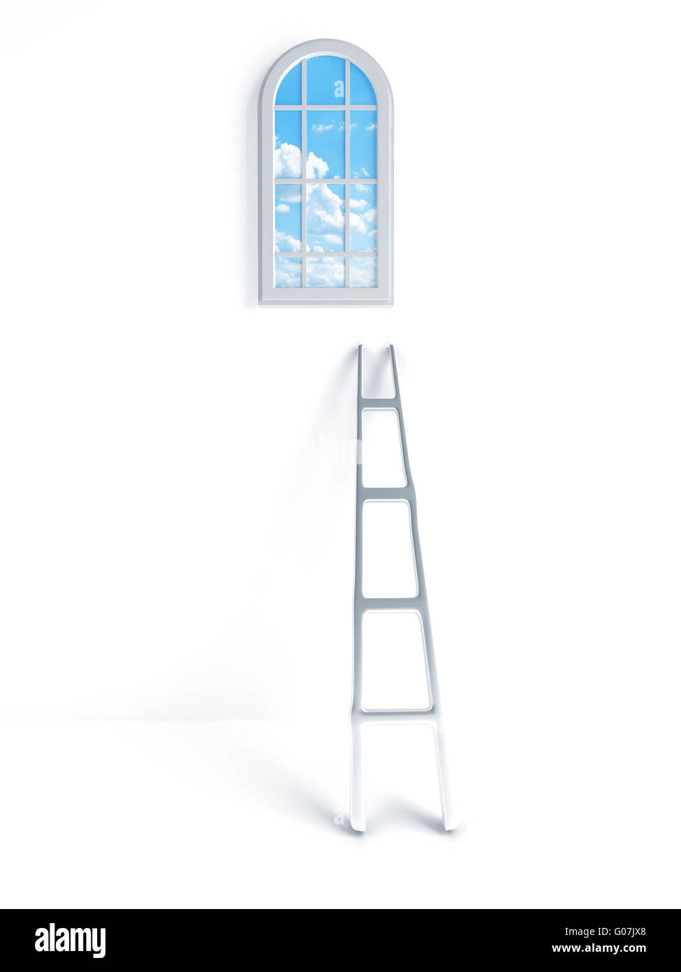 ladder against the wall and the window with clouds Stock Photo - Alamy
