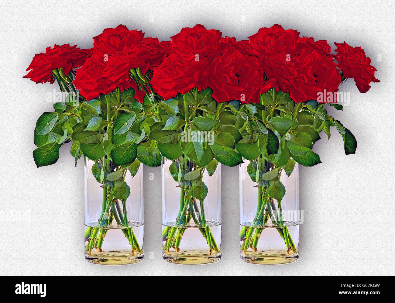 Three bunches of red roses in vases of glass Stock Photo - Alamy