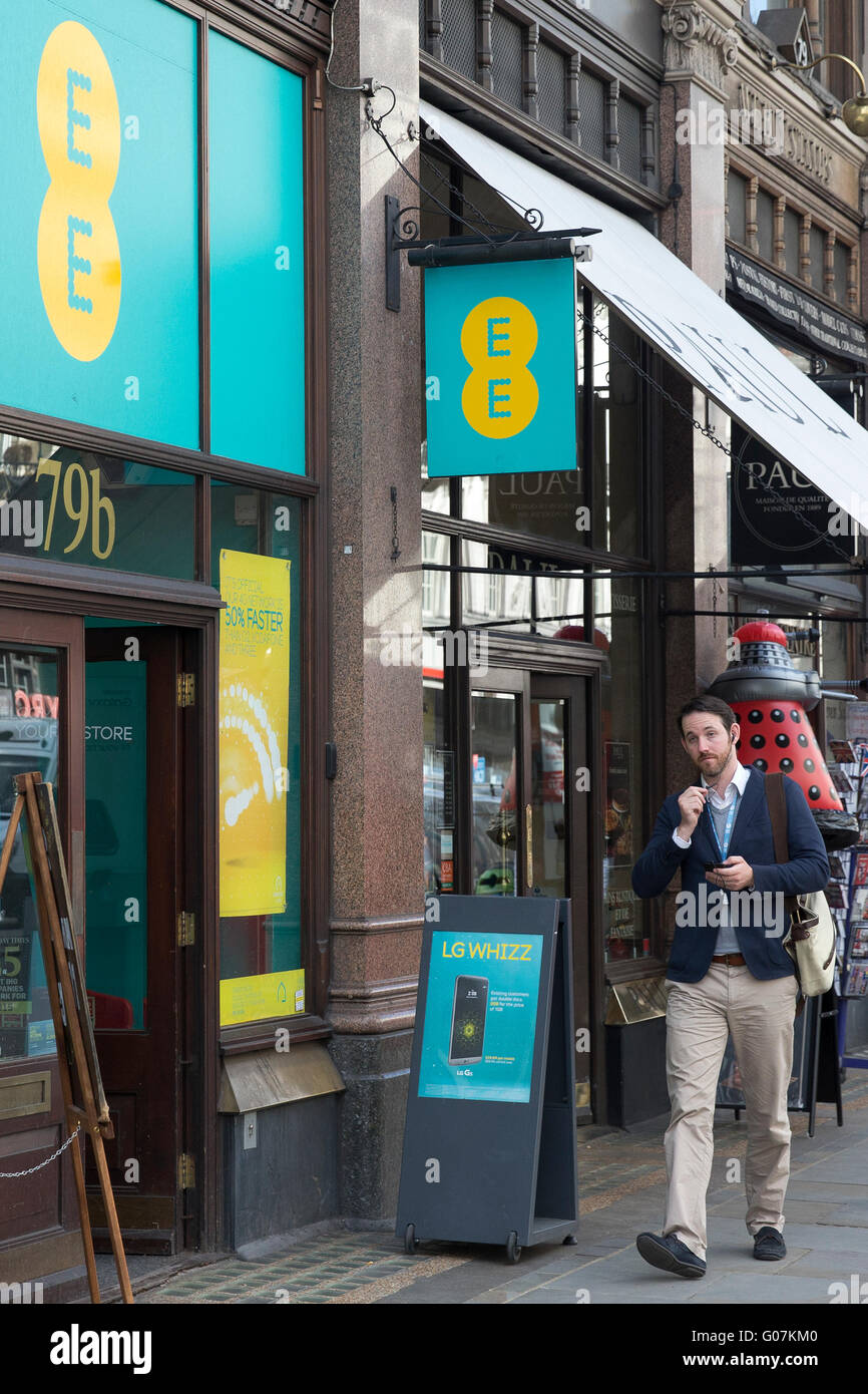 A branch of EE is pictured on the Strand in London. May 2016 Stock ...