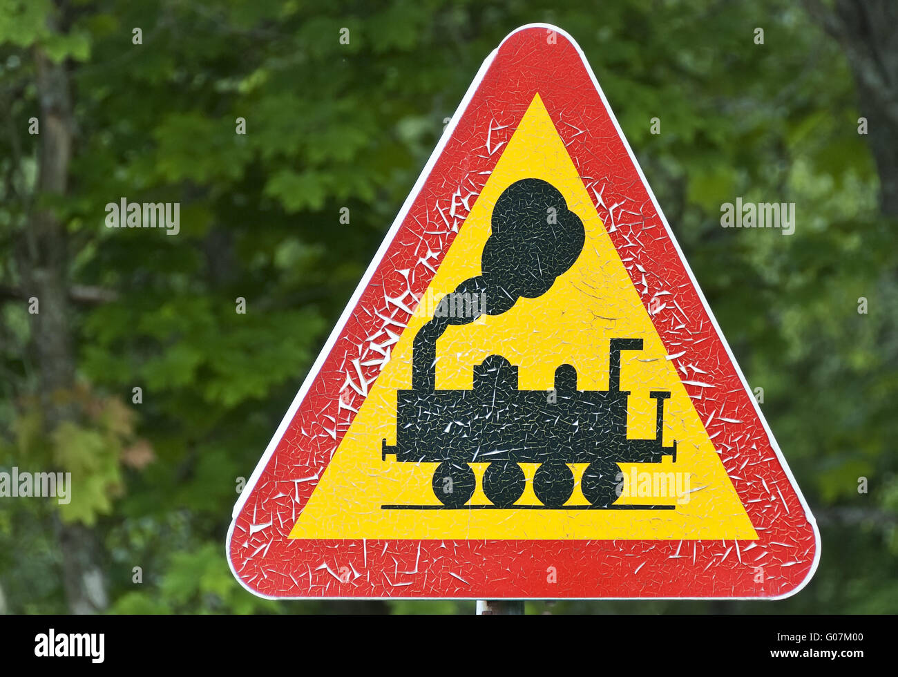 road sign with warning of crossing steamlocomotive Stock Photo - Alamy